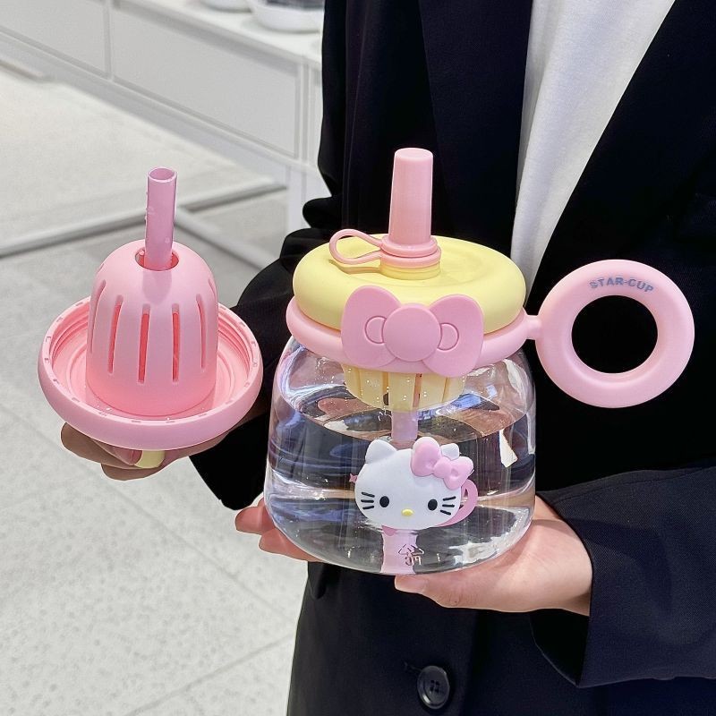 Cute cartoon Hello Kitty plastic water bottle, summer children's straw cup, student transparent ...