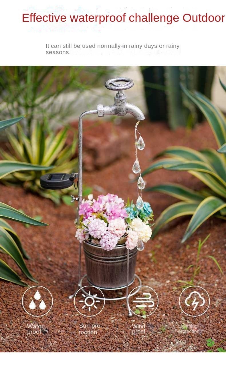 Solar Faucet Solar Garden Lights Stake with Planters Metal Flowerpot ...