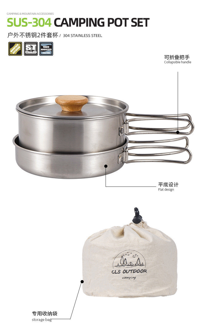 Camping Cooking Set 304 Stainless Steel Folding Handle Pot Portable ...