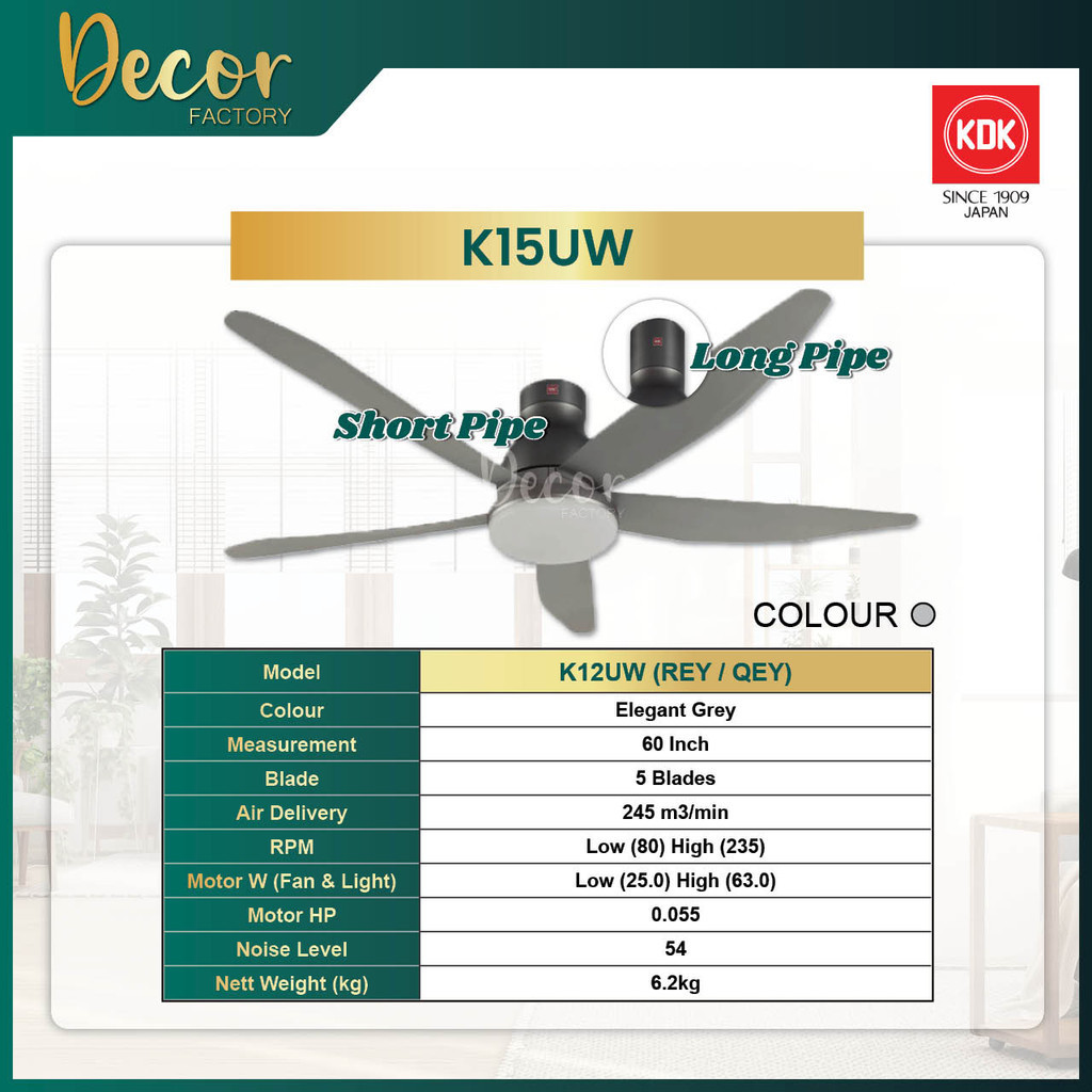 KDK Fan KDK K12UX 48" 3 Blades | K15UW 60" 5 Blades Short/Long Pipe 9 ...