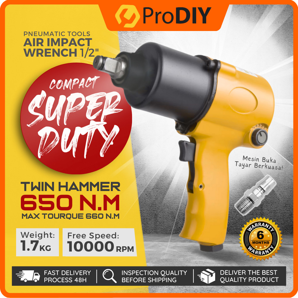 PRODIY Heavy Duty Air Impact Wrench Mini 1/2" Twin Hammer Impact Wrench Pneumatic Mesin Buka ...