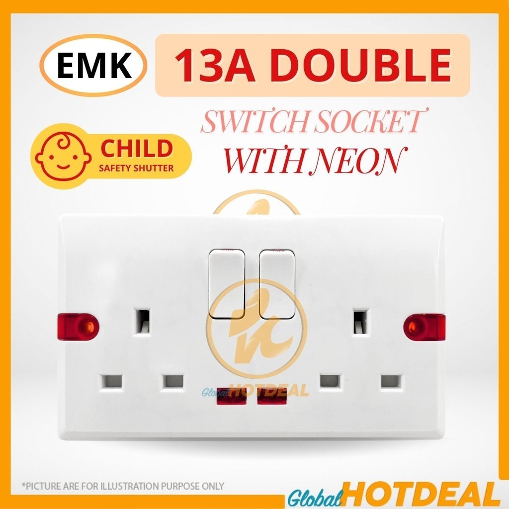 13A 250V DOUBLE SWITCH SOCKET WITH NEON 2 Way White Switch Socket Switches Wall Socket Extension ...