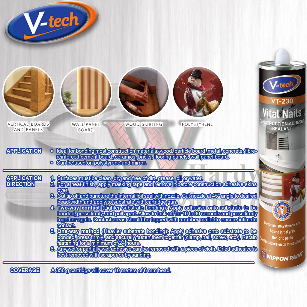 COMBO 1CTN / 24X 350GM V-TECH VITAL NAILS VT230 VT-230 / Gum Wainscoting / Sealant Kayu / 木材密封胶 ...