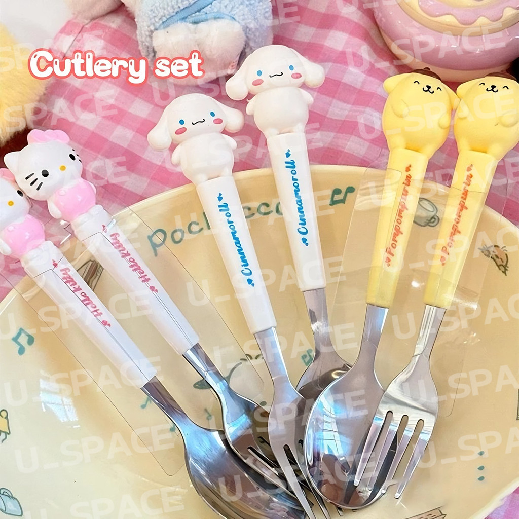 Kuromi Kids Stainless Steel Spoon Fork Set With Box Sanrio Cinnamoroll ...