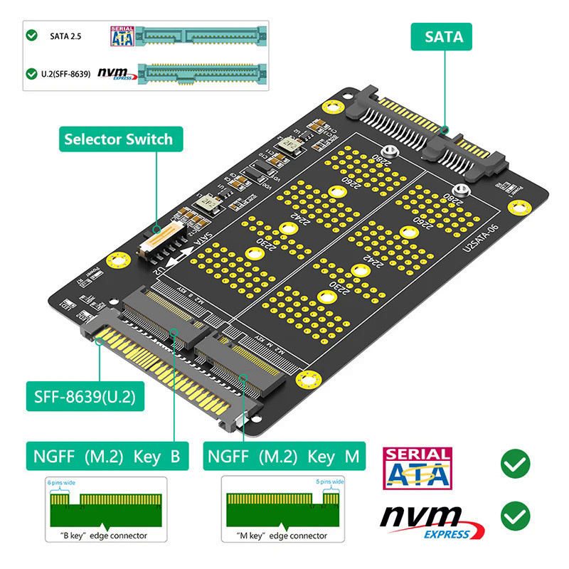 M2 SSD Adapter M.2 NVME M Key to U.2 SFF-8639 M.2 SATA B Key to SATA2.0 ...