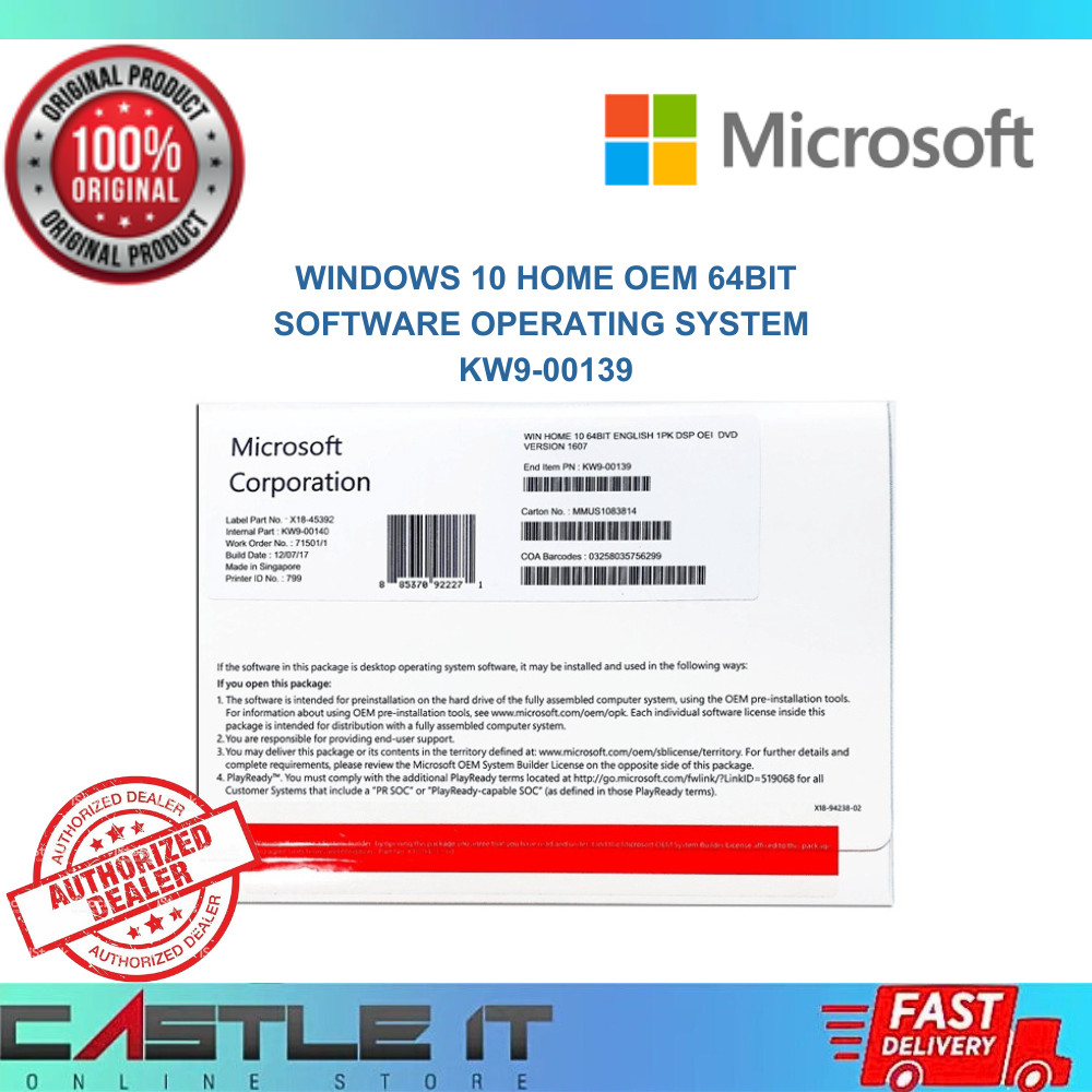 Microsoft WINDOWS 10 HOME OEM 64BIT SOFTWARE Operating System (KW9 ...