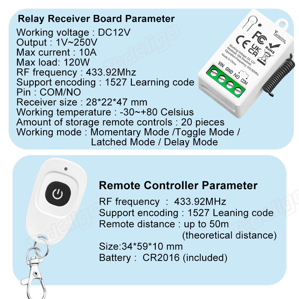 RF433Mhz Universal Wireless Remote Control Switch DC12V 1CH Relay ...