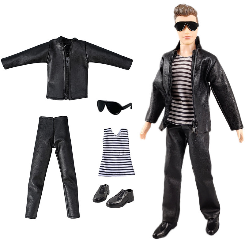 Black Leather Fashion Clothes Set For Ken Boy Doll Outfits Jacket Vest ...