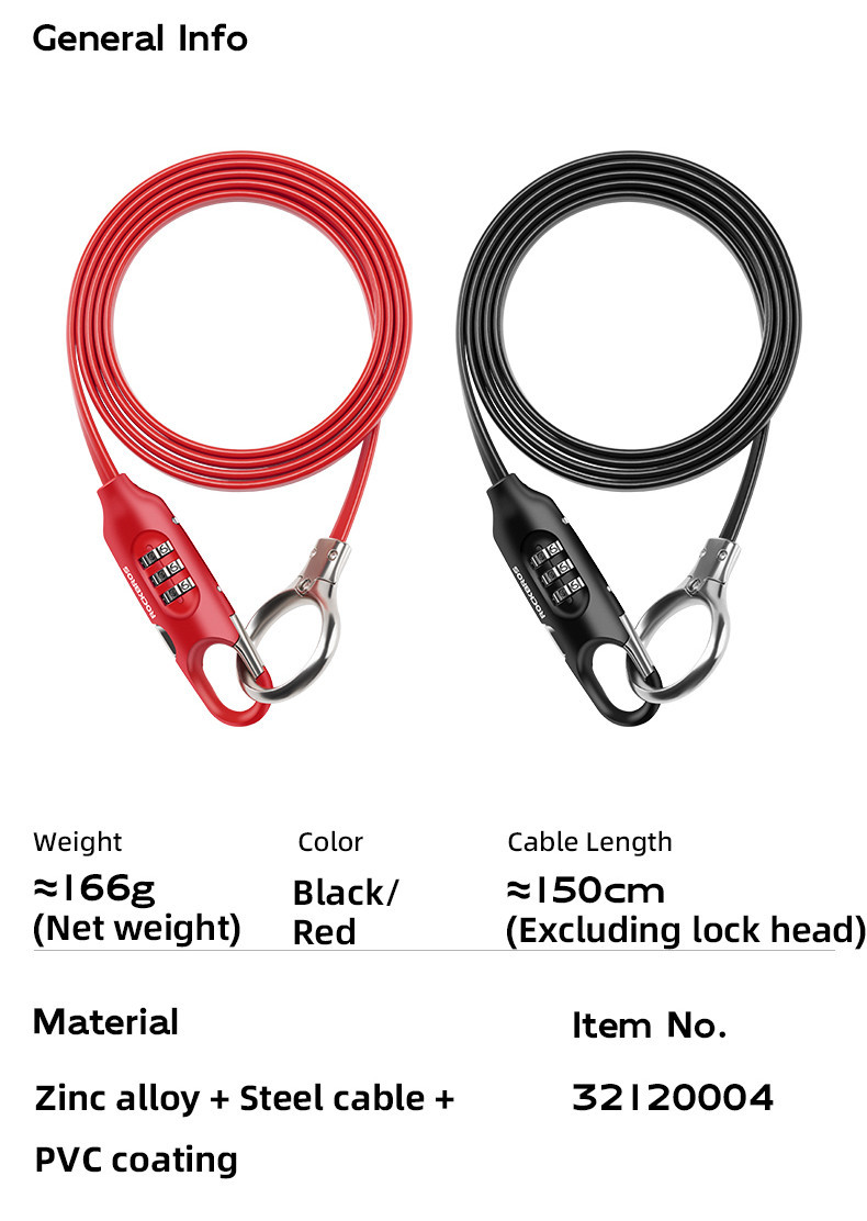 【MY Delivery】ROCKBROS Bicycle Cable Lock Portable Password Steel Cable ...