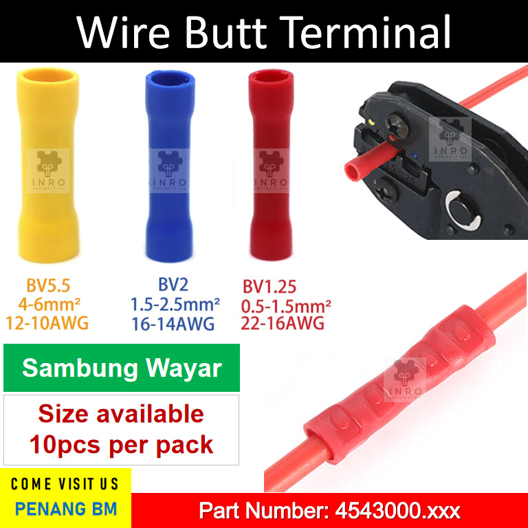 10PCS 1 to 1 Penyambung Wayar Sambungan BV1.25 BV2 BV5.5 Insulated Straight Wire Butt Connector ...