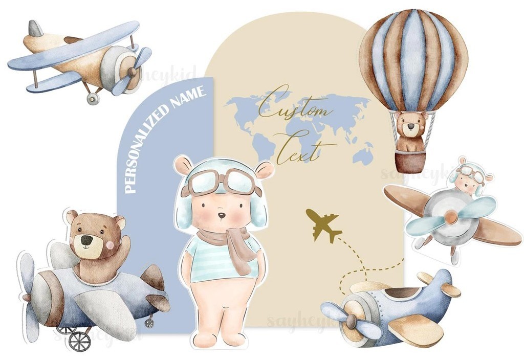 Personalized Aviator Theme Backdrop Cartoon Bear Plane Cutouts Baby ...