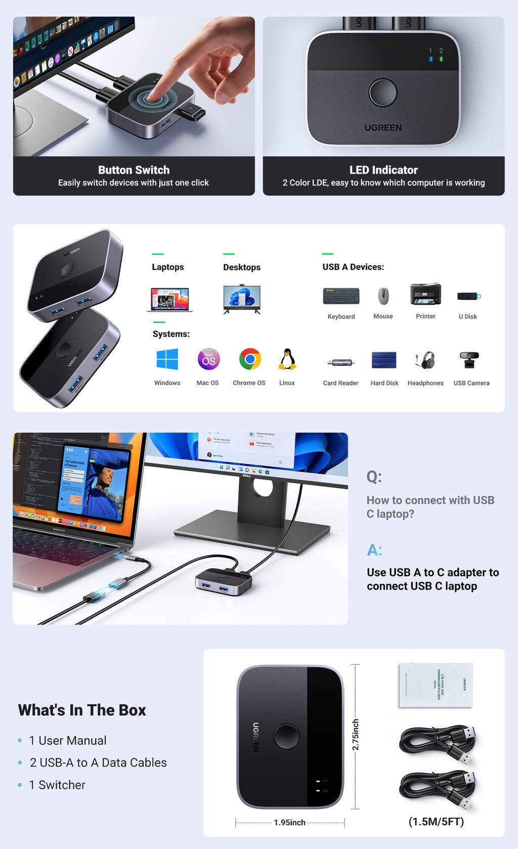 UGREEN USB 3.0 KVM Switch 5GBPS Type C Switcher Sharing Keyboard and ...