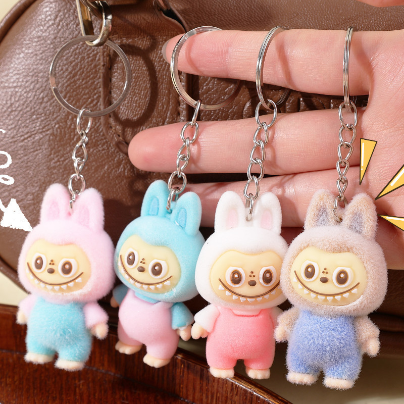 [HOT] Cartoon Labubu Flocking Keychain - Bag Car Key Decor - Monsters Bunny Keychain - Exquisite ...