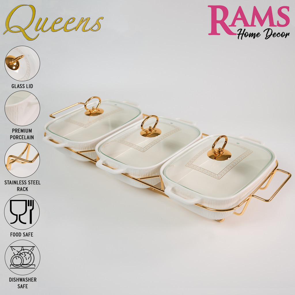 Queens 1.5L (Set of 3) Triple Premium Porcelain Chafing Dish with Metal ...