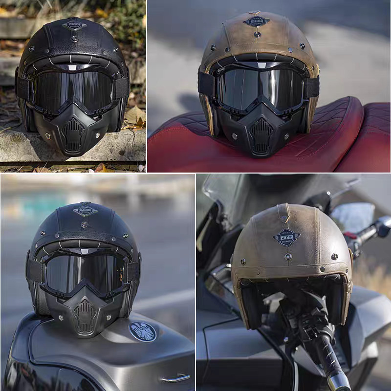 3/4 Leather Helmets Glasses Visor Oldtimer Helmet Half Shell Helmet Retro Motorcycle Helmet ...