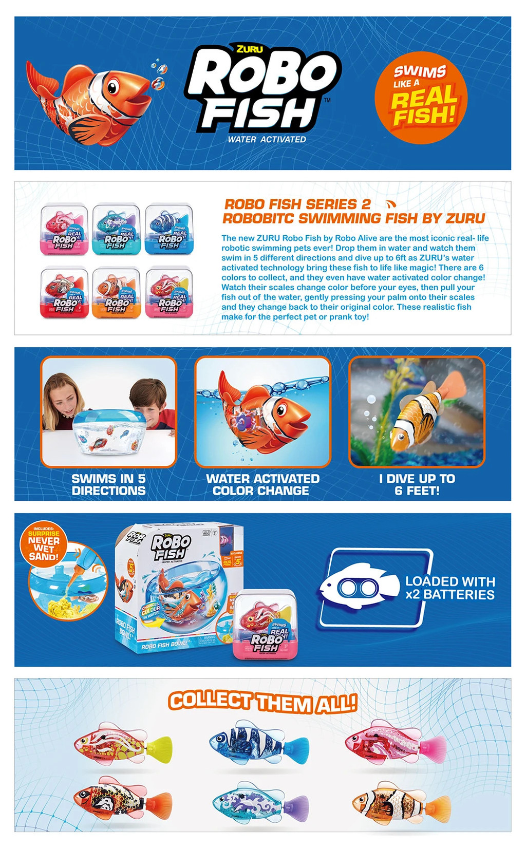 ZURU Robo Fish Robotic Swimming Fish with Color Change Water Activated ...