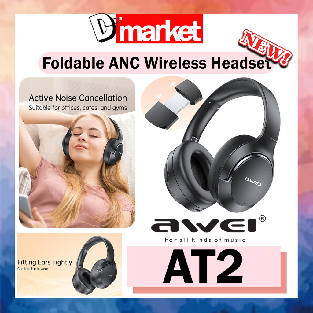 Awei AT2 Foldable ANC Wireless Headset Active Noise Cancellation ANC ...