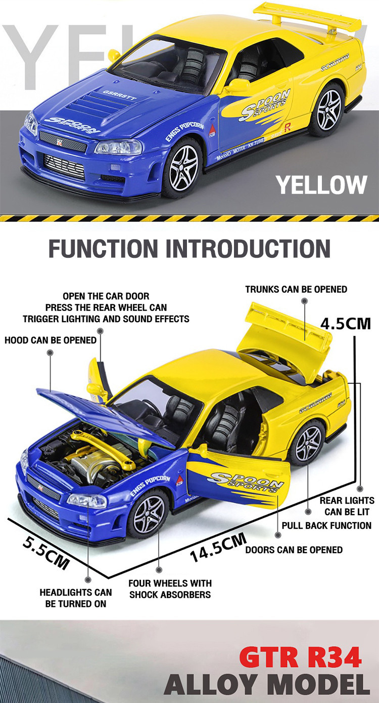 KLT 1:32 Nissan GTR R34 Metal Alloy Toys Car Model Diecast Vehicle For ...