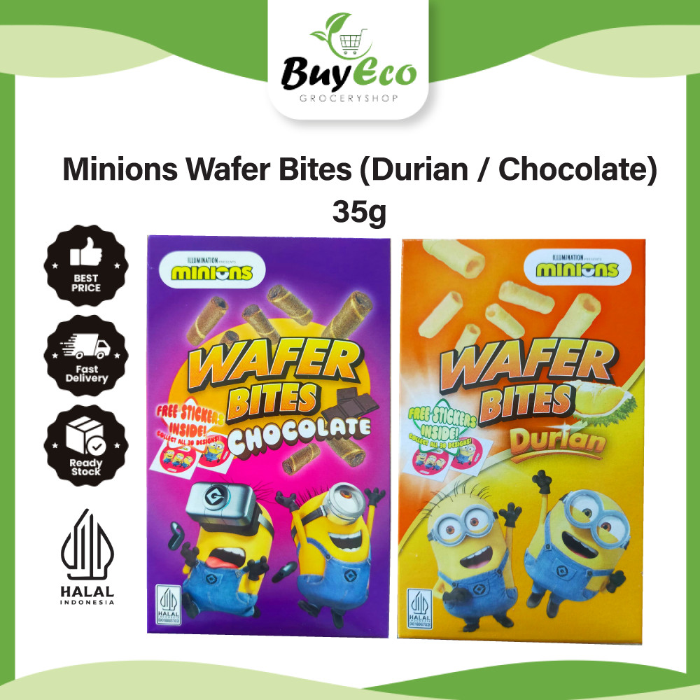 [FREE STICKERS INSIDE] Minions Wafer Bites (Chocolate / Durian) 35g ...