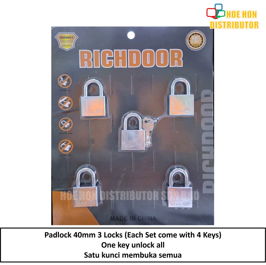 Richdoor Padlock 40mm 5 Locks + 4 Keys (One Key Unlock All) Master Key ...
