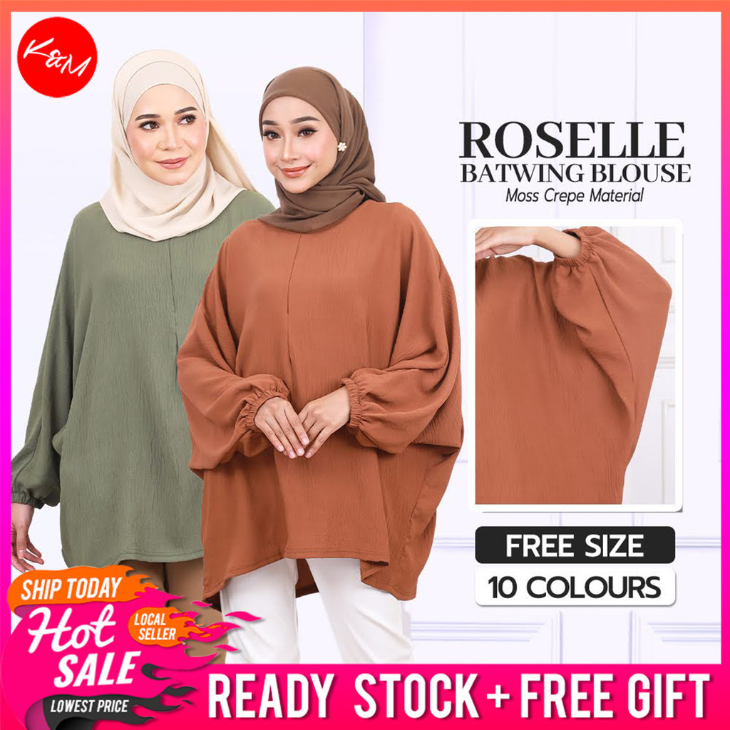 KM Roselle Round Neck Batwing Blouse Baju Blouse Kelawar Wanita [B12897] | Shopee Malaysia