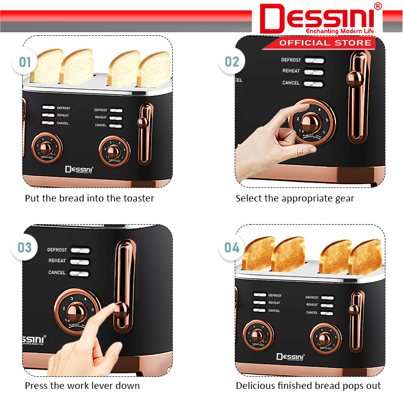 DESSINI ITALY 4 Slide Double Sided Electric Bread Toaster Sandwich ...