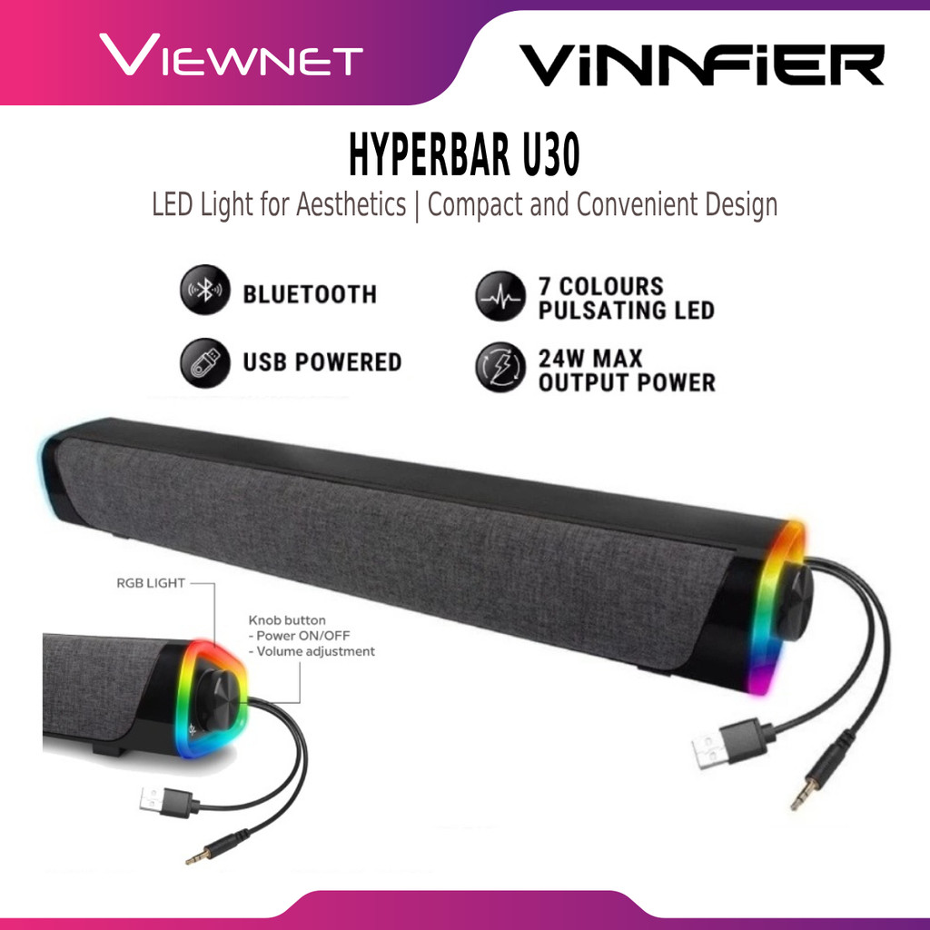 VINNFIER HYPERBAR U30 BT 2024 USB POWERED SOUNDBAR WITH RGB LIGHT | BLUETOOTH 5.0 & USB | AUX ...