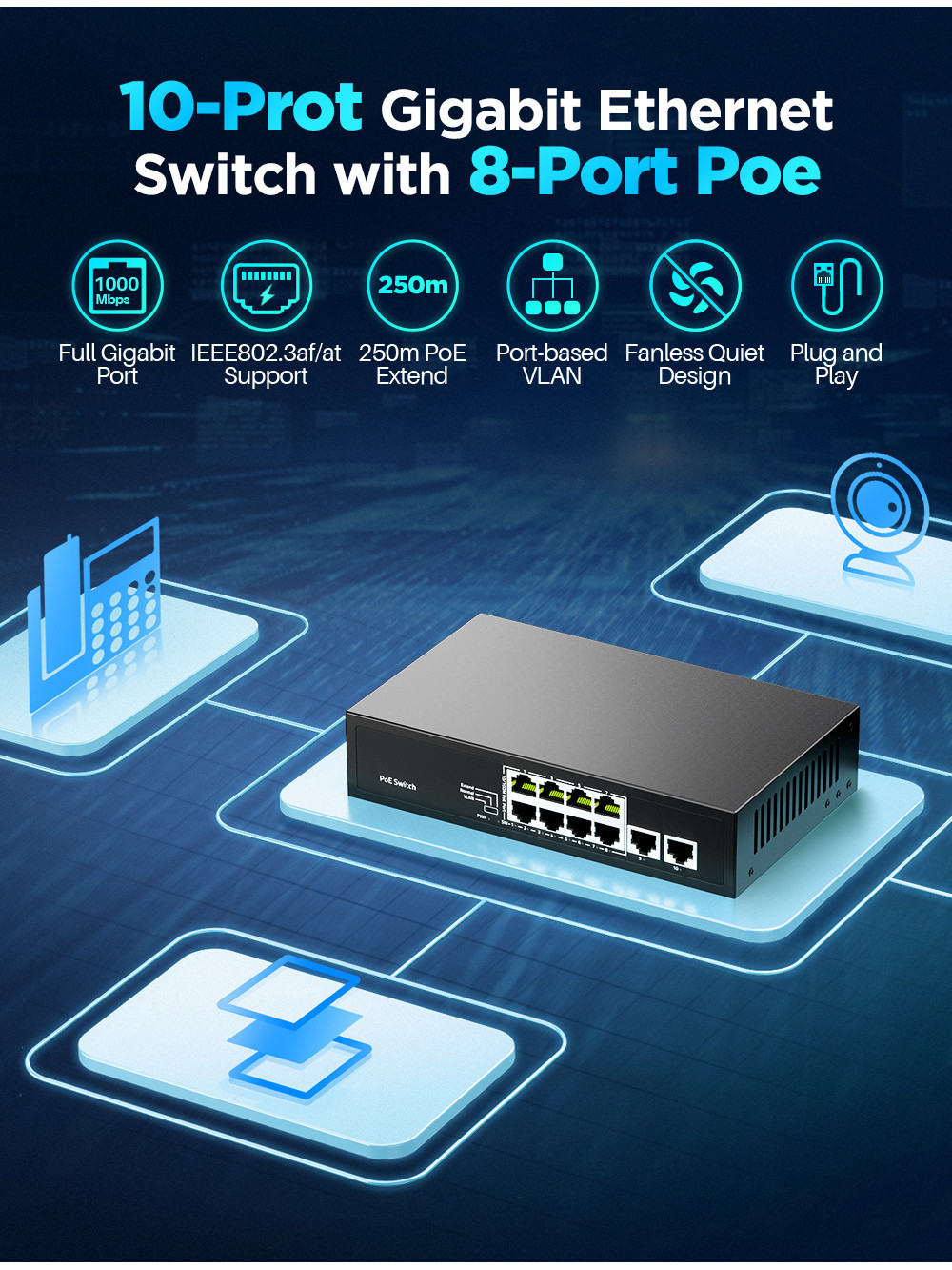 AMPCOM 8 Port PoE Switch 100Mbps/8 PoE+ Port,2 Ethernet Uplink,120W 802.3af/at 30W 15W, Extend ...