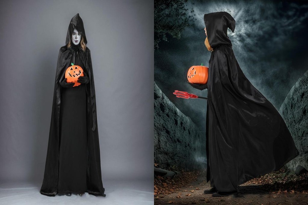 Black Medieval Wizard Robe Sorcerer Costume Cloak Black Hooded Robe ...
