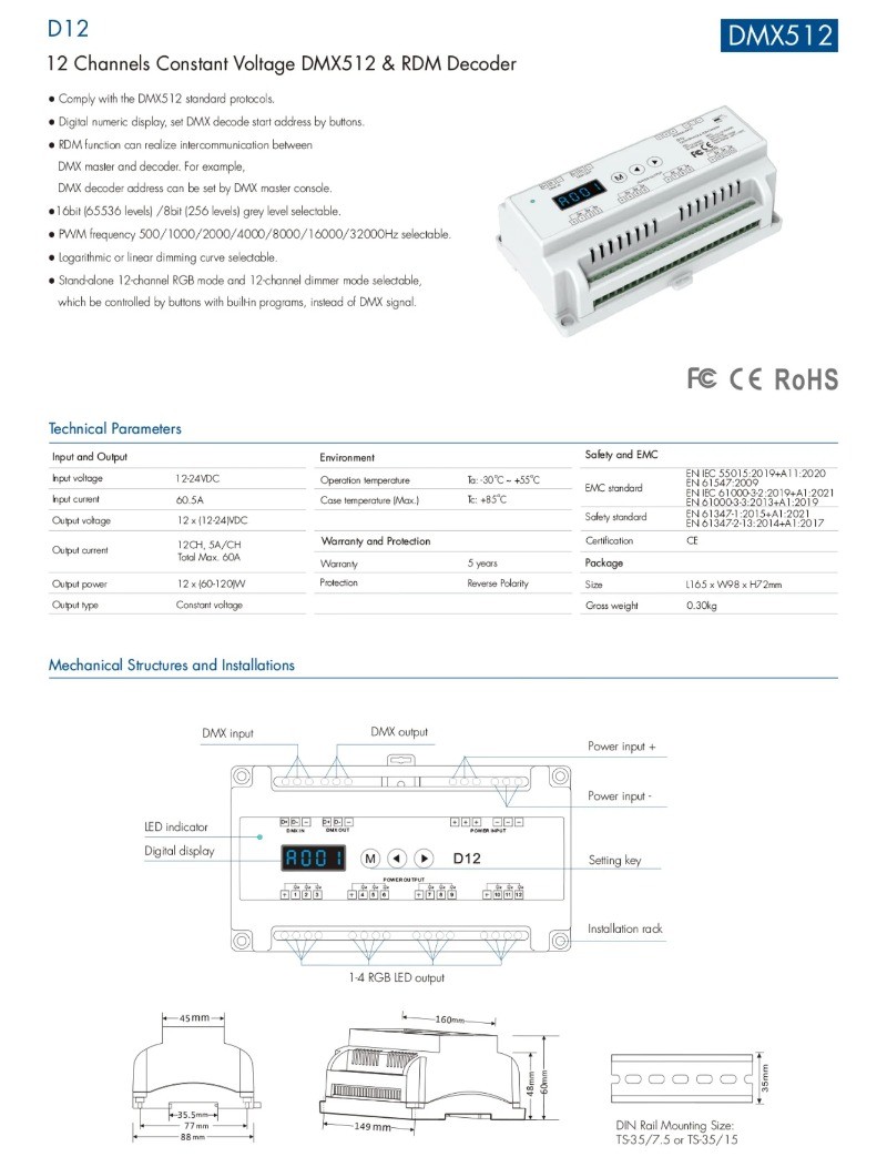 D12/24 12V-24VDC DIN Rail 24 Channel CV Led DMX Decoder input 3A*24CH 12CH*5A RDM DMX512 ...