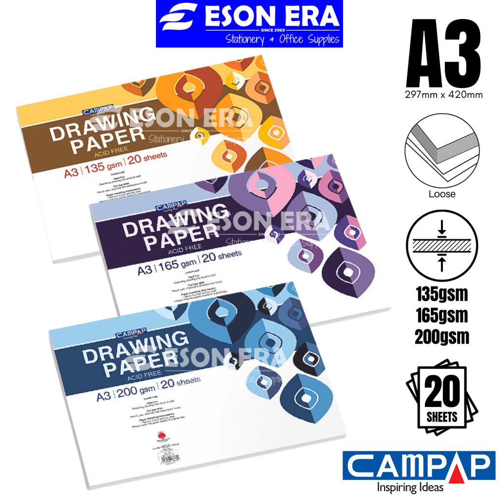 [A3] Campap Drawing Paper A3 135gsm / 165gsm / 200gsm 20sheets | Shopee ...