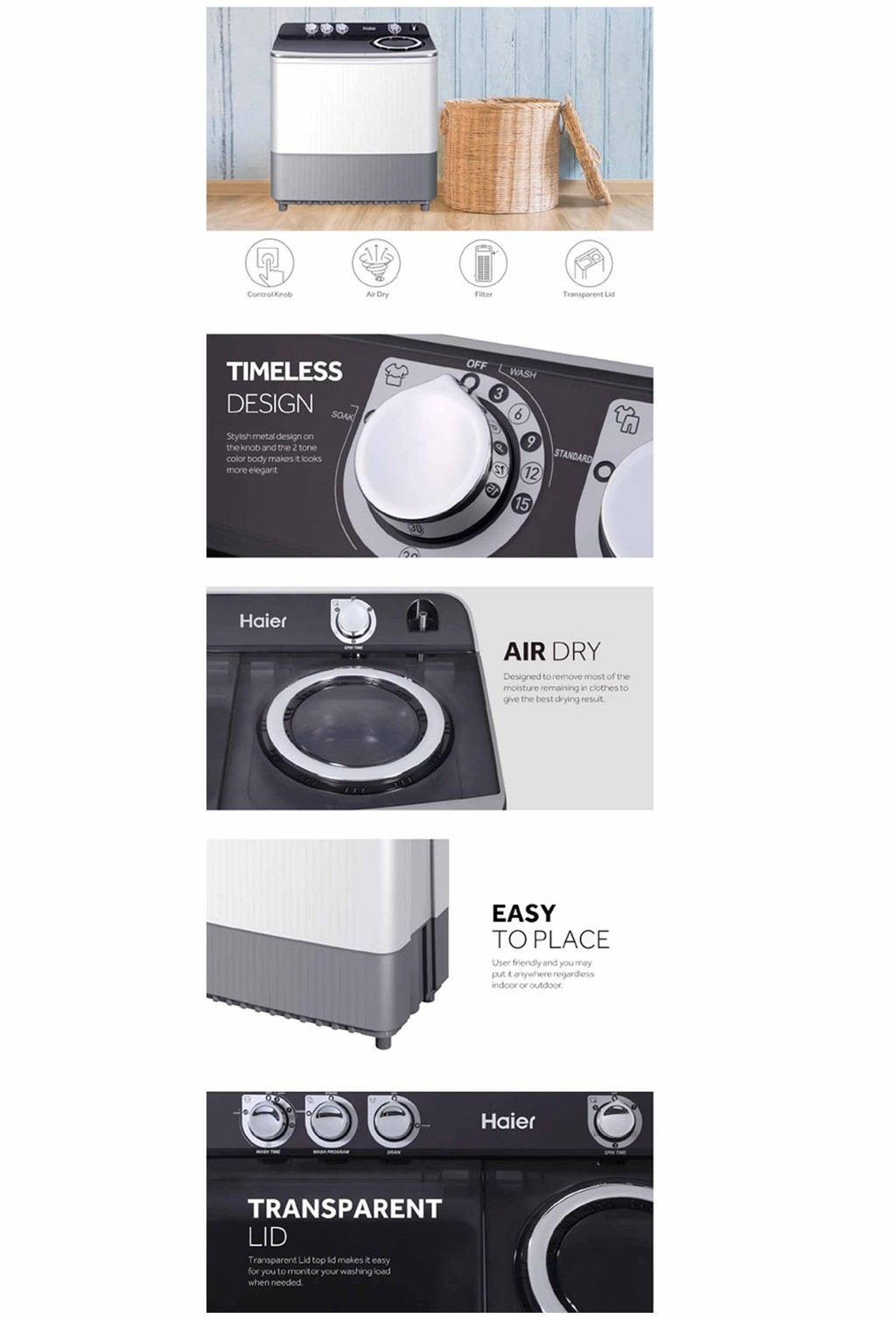 Haier 15KG Washing Machine Twin Tub Semi Auto Top Load Washer/Mesin ...