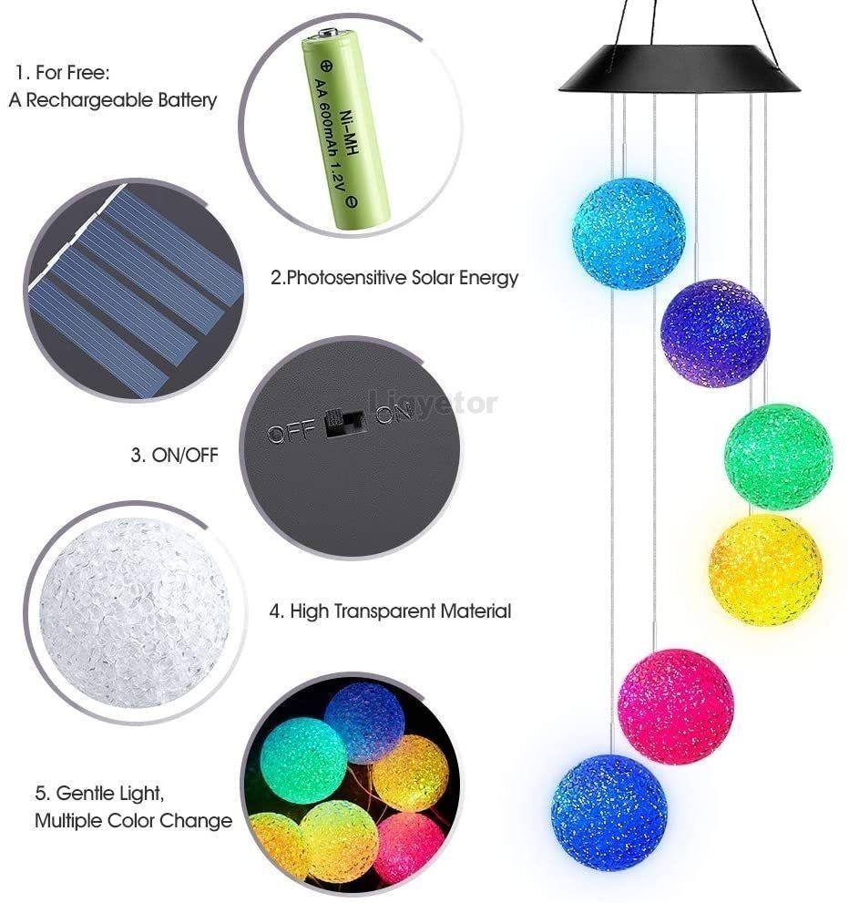 Ligyetor Solar Wind Chime Lights Crystal Ball Color Changing Wind Chime ...