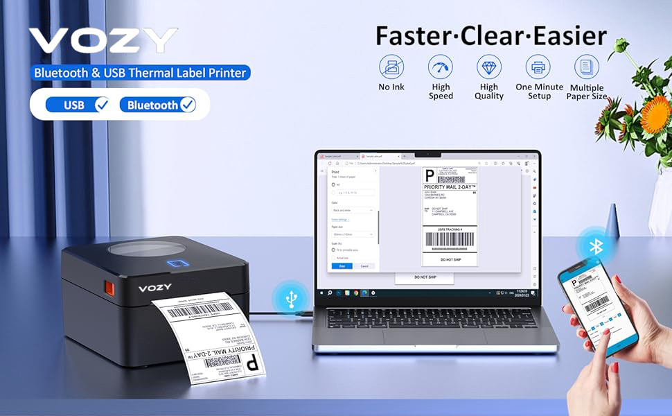 VOZY U9 WiFi Thermal Printer A6 Size Bluetooth iOS Android Zero Second ...