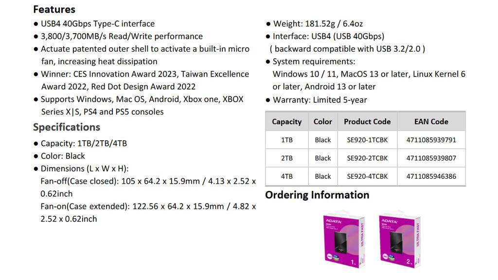 Adata SE920 4TB 2TB / 1TB Portable USB4 SSD External Solid State Drive SE920-2TCBK SE920-1TCBK ...