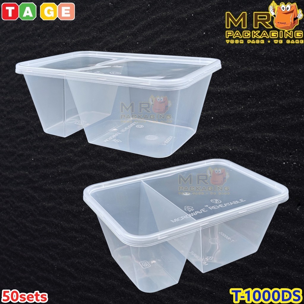 1000 DS Two 2 Compartment Rectangular Plastic Disposable Food Container ...