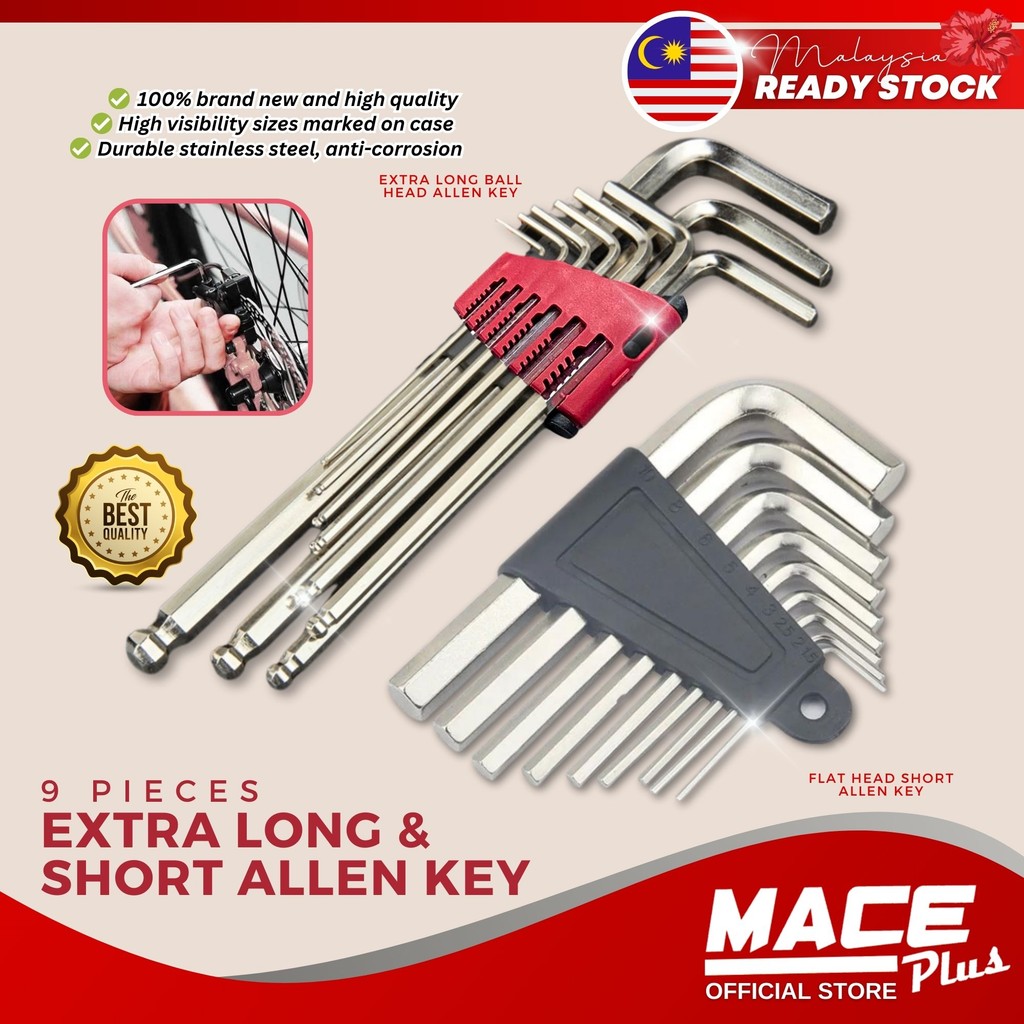 9pcs Extra Long L-Shaped Ball Point Short Flat Head Allen Key Set Hex ...