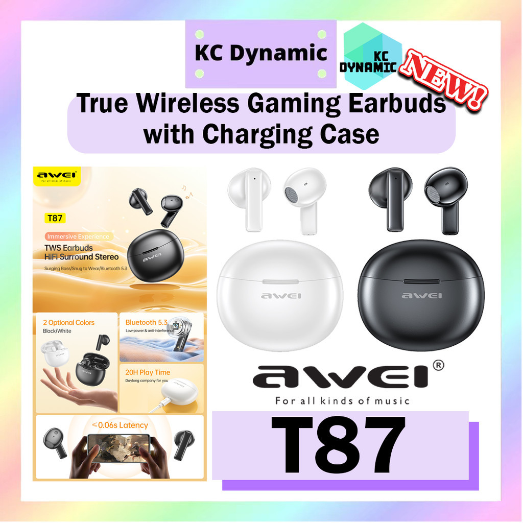 Awei T87 TWS Gaming Earbuds with Charging Case Bluetooth Earphone Wireless Earbuds Gaming ...
