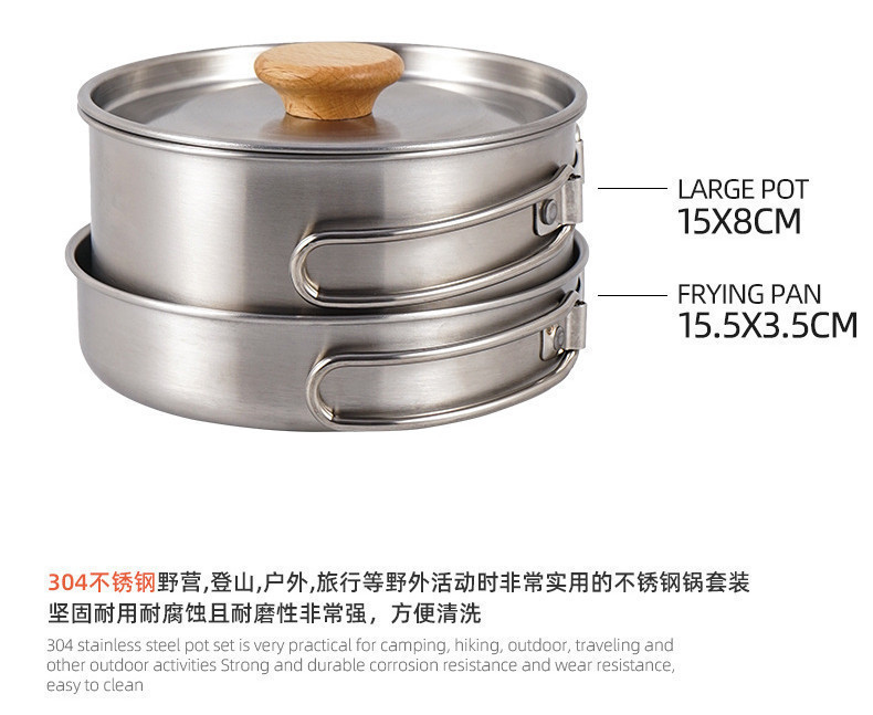 Camping Cooking Set 304 Stainless Steel Folding Handle Pot Portable ...