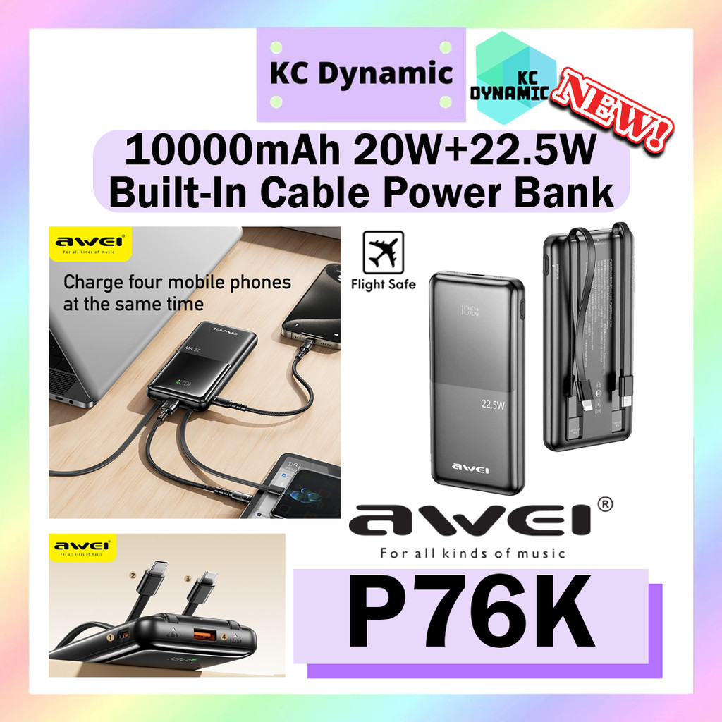 Awei P76K 10000mAh Powerbank 22.5W Built-In Cable PowerBank Fast Charge ...