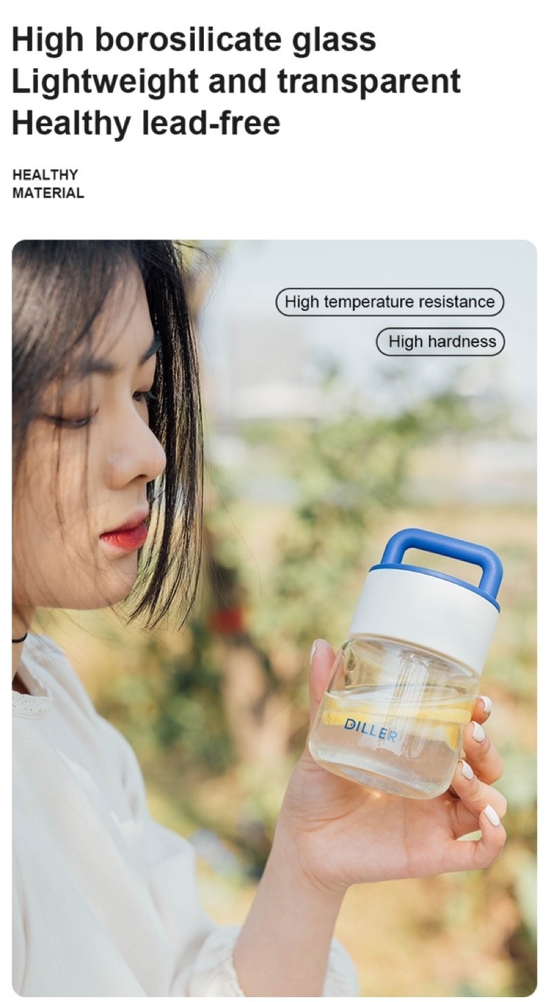 Diller EasyHandle Borosilicate Glass Water Juice Mug Bottle 388MLH568 (280ml/420ml) | Shopee ...