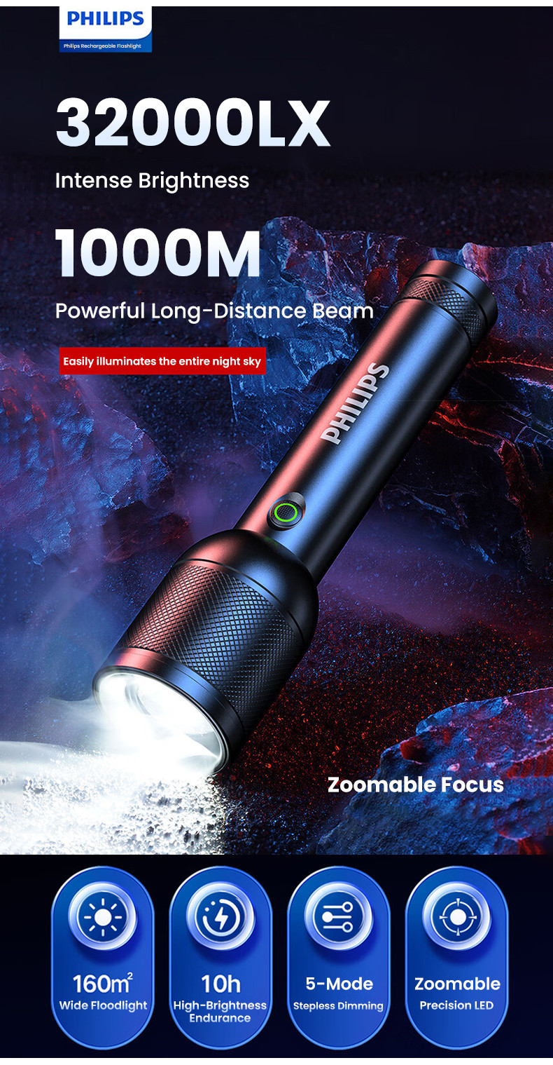 Philips PHPSFL8168 Flashlight Aluminum Alloy Zoom Strong Rechargeable ...