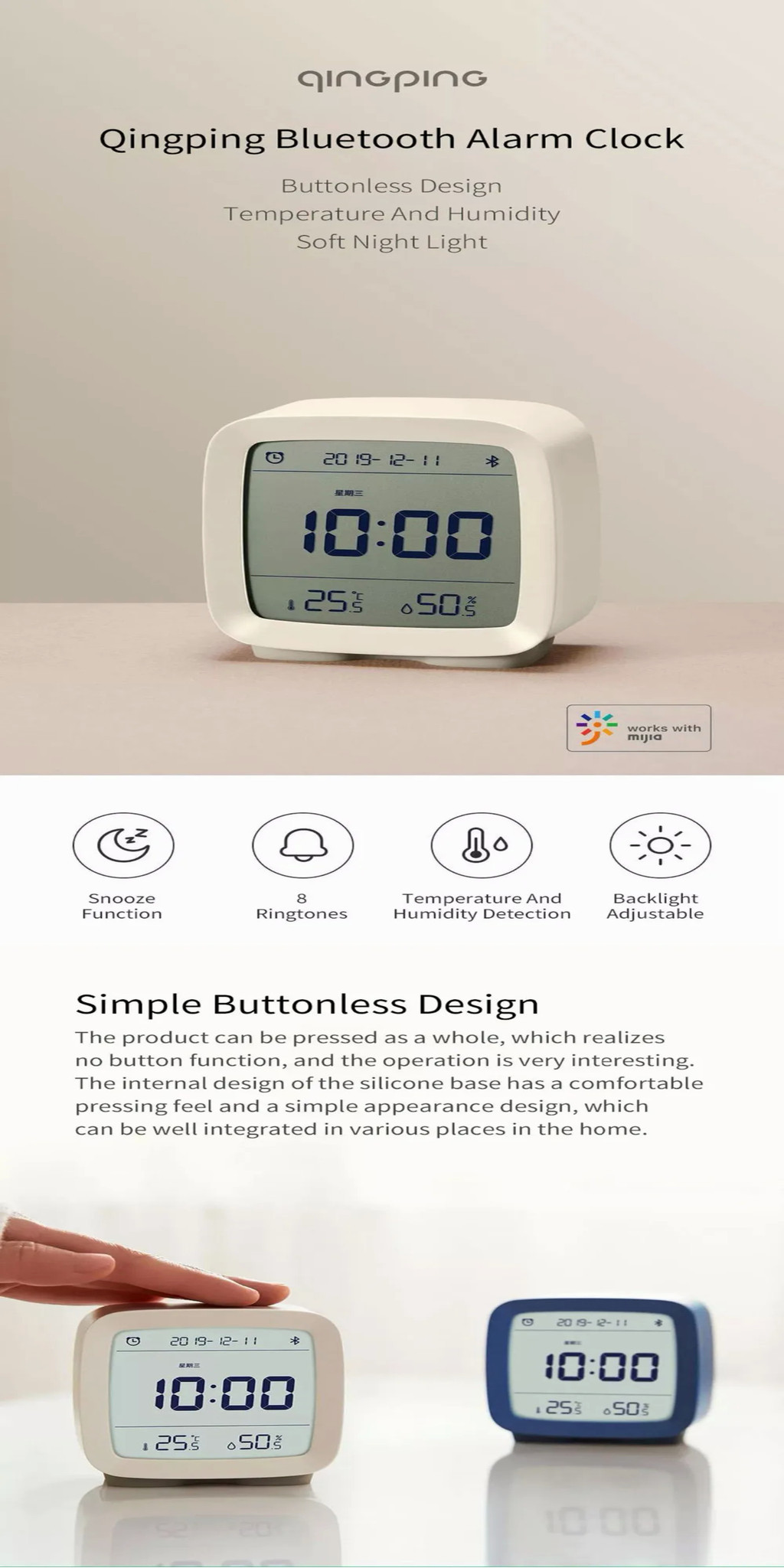 Qingping Smart Bluetooth Temperature Humidity Sensor LCD Alarm Clock ...