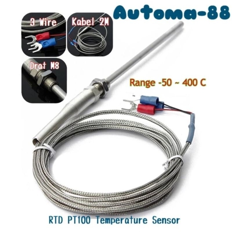 in stock Temperature Sensor RTD PT100 probe stick 100mm 10cm Drat M8 Cable length 2m 2 meters 3 ...