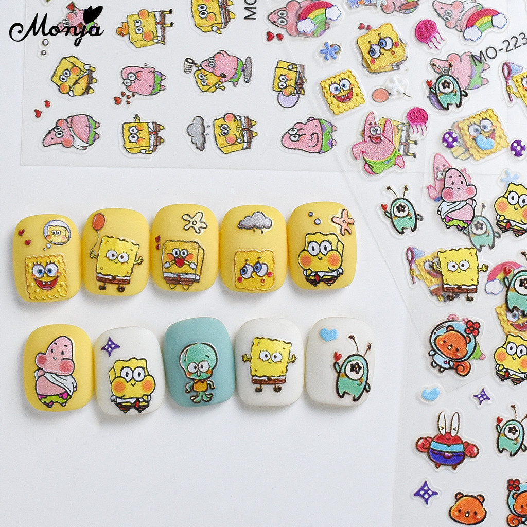 Monja 3D Embossed Nail Stickers Relief Cute Cartoon SpongeBob ...
