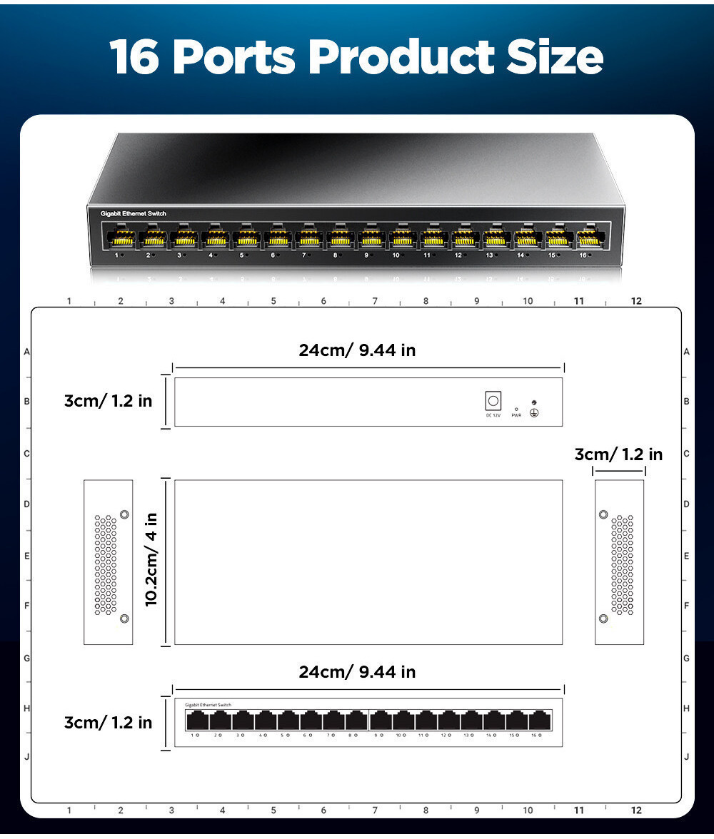 AMPCOM Network Switch 16 Ports Switch Ethernet 1000Mbps Gigabit High ...