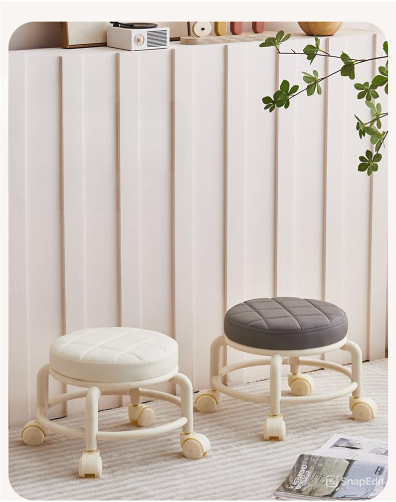 【ShopWithJoy】Small Chair Round Stool With Sofa Cushion Foot Pulley ...