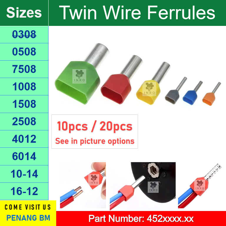 [20pcs] Twin Wire Ferrules Ferrule, 0.34, 0.50-2.5mm2, TE0508 TE7508 ...