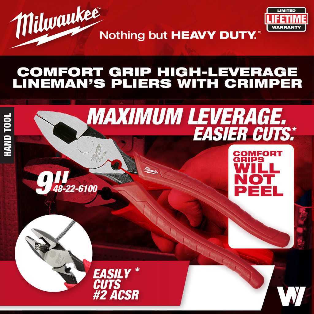 Milwaukee 9" Comfort Grip High Leverage Lineman's Pliers With Crimper ...