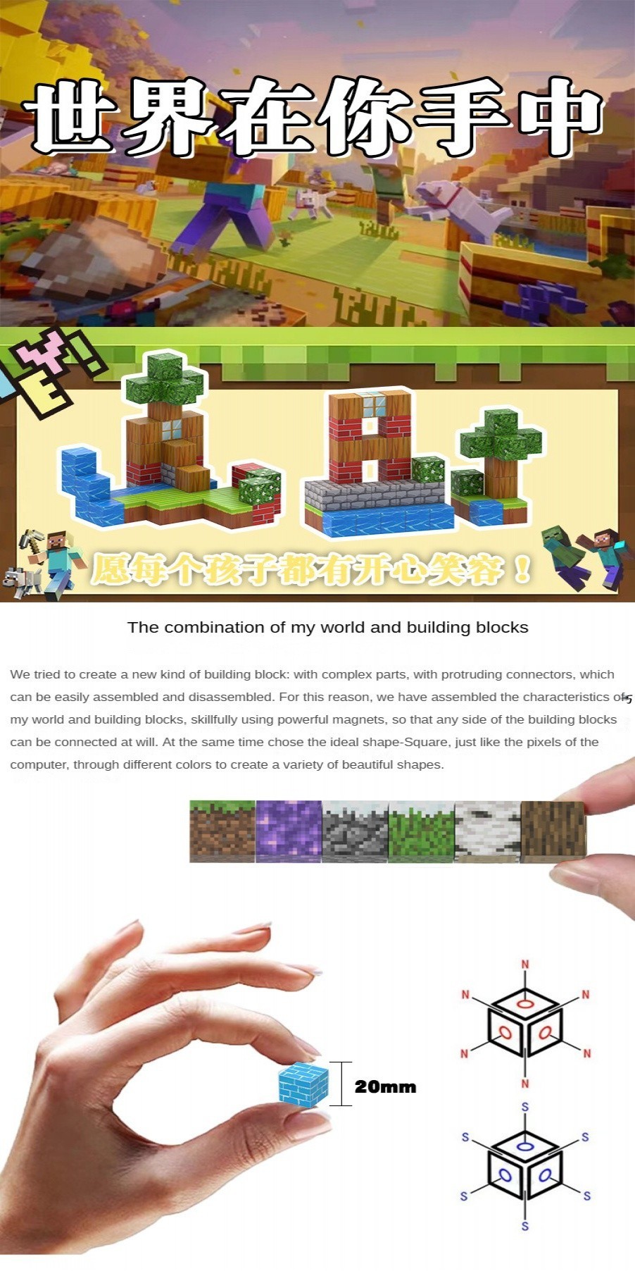 10 PCS 1-40 Minecraft My World Magnetic Cube Building Blocks DIY Magnet ...